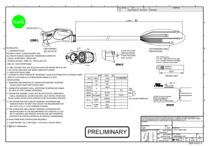 UL Listed IP67 CCS Type 1 EV Charging Cable 350A 1000V