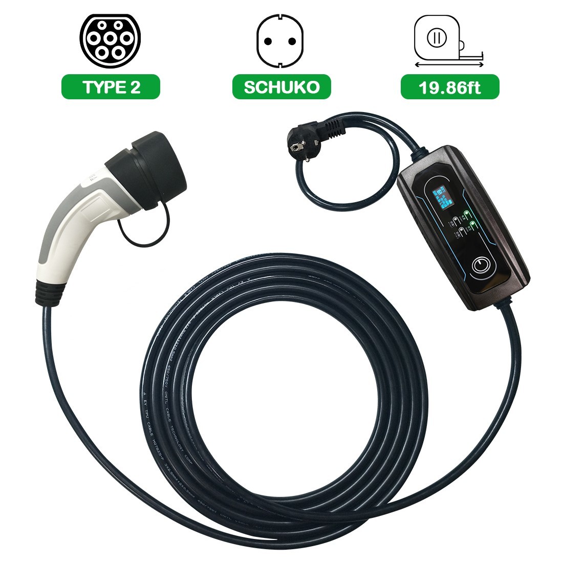 Type 2 Schuko 16A EV Fast Charger 110V - 240V AC 3.6KW Touchable